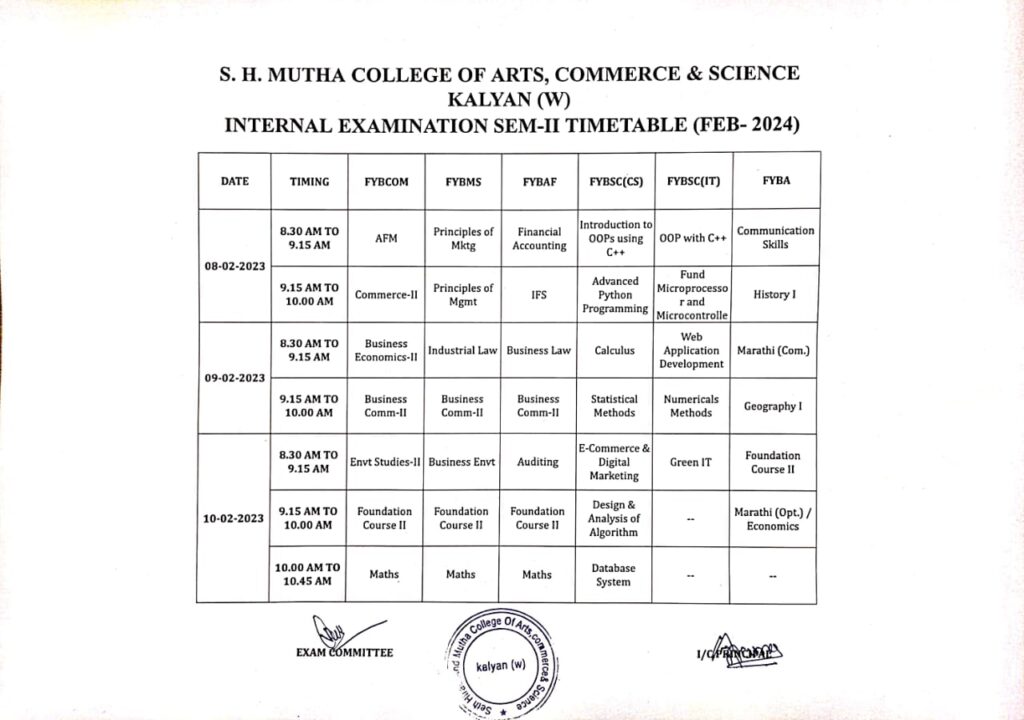 Examination Time Table - Seth Hirachand Mutha College