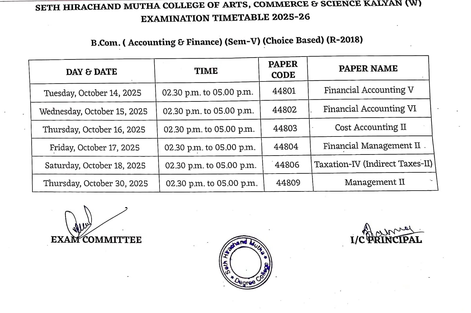 Examination Time Table - Seth Hirachand Mutha College